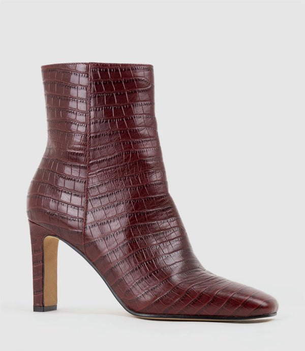 ZORN85 Square Toe Ankle Boot in Bordeaux Croc - Edward Meller